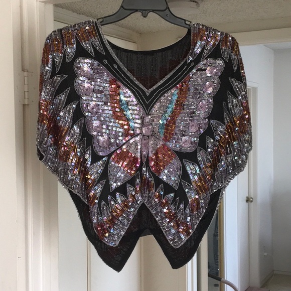 None | Tops | Vintagesequin Multi Color Butterfly Design Poncho Top ...